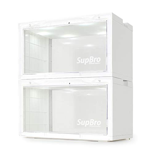 SupBro Led Collection Crate - Voice Control - Easy Access Storage Shoes box, Stackable Shoe Storage with clear plastic door for sneakers - (11.2 x 14.9 x 8.8 inch (2pack), White)