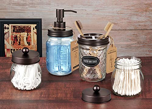 Mason Jar Bathroom Accessories Set(4 Pcs) -Lotion Soap Dispenser & 2 Cotton Swab Holder &Toothbrush Holder-Rustic Farmhouse Decor,Countertop Vanity Organize,Bathroom Home Decor (Bronze)