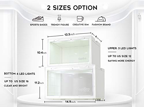 SupBro Led Collection Crate - Voice Control - Easy Access Storage Shoes box, Stackable Shoe Storage with clear plastic door for sneakers - (11.2 x 14.9 x 8.8 inch (2pack), White)