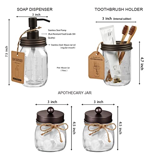 Mason Jar Bathroom Accessories Set(4 Pcs) -Lotion Soap Dispenser & 2 Cotton Swab Holder &Toothbrush Holder-Rustic Farmhouse Decor,Countertop Vanity Organize,Bathroom Home Decor (Bronze)