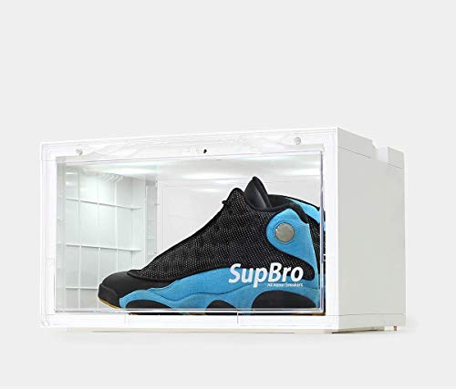 SupBro Led Collection Crate - Voice Control - Easy Access Storage Shoes box, Stackable Shoe Storage with clear plastic door for sneakers - (11.2 x 14.9 x 8.8 inch (2pack), White)