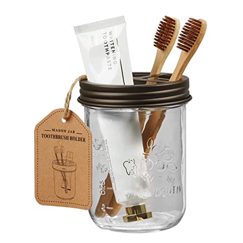 Mason Jar Bathroom Accessories Set(4 Pcs) -Lotion Soap Dispenser & 2 Cotton Swab Holder &Toothbrush Holder-Rustic Farmhouse Decor,Countertop Vanity Organize,Bathroom Home Decor (Bronze)