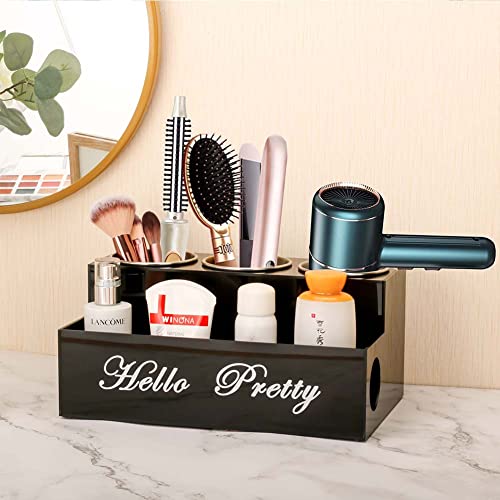 Hair Tool Organizer, Black Acrylic Hair Dryer and Styling Organizer, Bathroom Countertop Blow Dryer Holder, Vanity Caddy Storage Stand for Accessories, Makeup, Toiletries