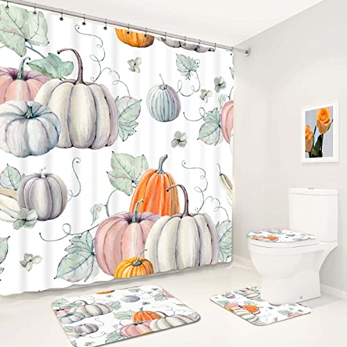 4PC Watercolor Pumpkins Bathroom Set, Thanksgiving Shower Curtain Set with Shower Curtain and Rugs and Accessories,Bathroom Decor Shower Curtains with Soft Non-Slip Bath Mat and Toilet Lid Cover Mat