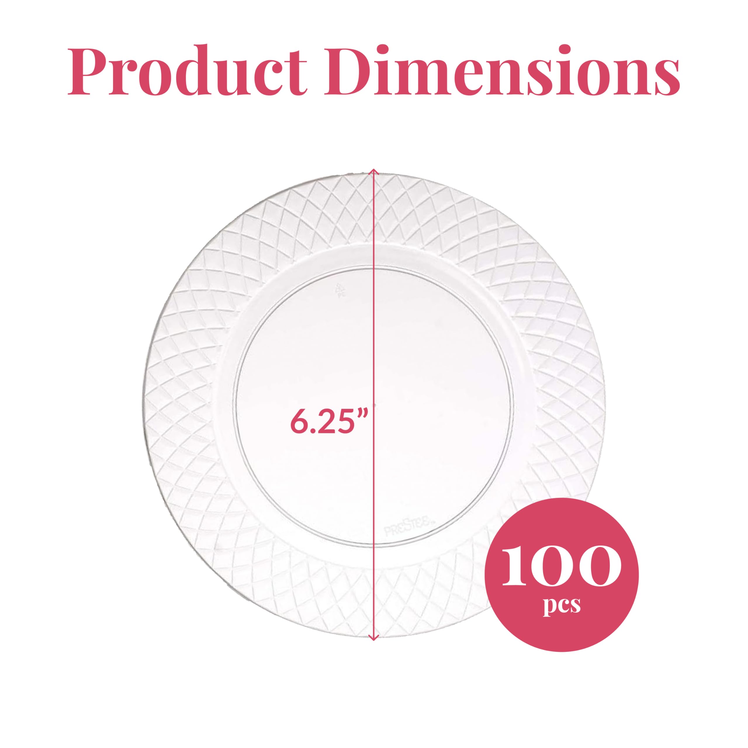 Prestee 100 Clear Plastic Plates, 6.25 Inch Disposable Dessert and Appetizer Plate for Party, Wedding, Catering - Small, Round, Heavy-Duty Platter for Cake and Foods