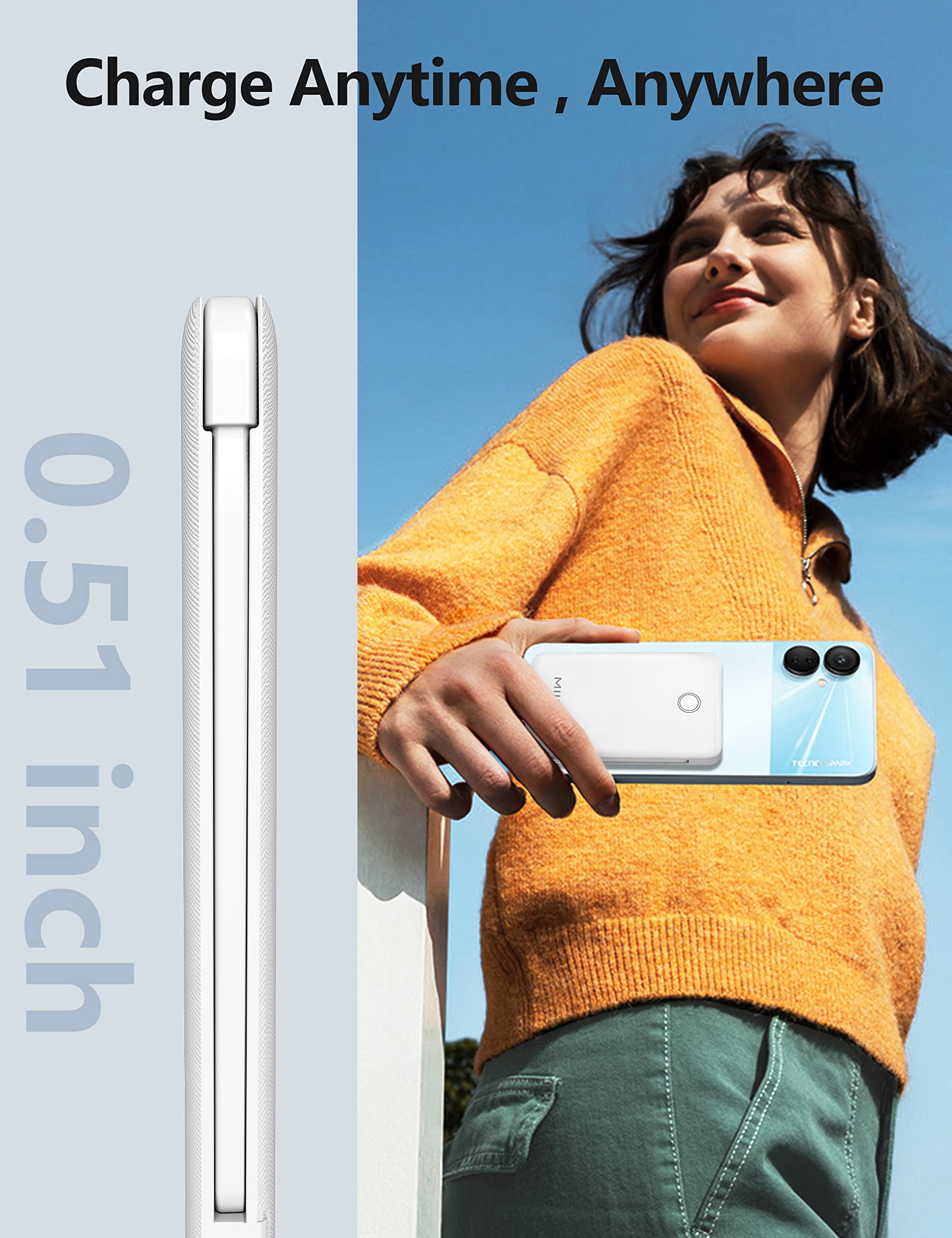 miisso 6000mah Card Size Built in Cables Power Bank, Built in USB C Cords Battery Pack Travel Charger Portable Charger for Phones, 4 Output Ultra Slim Battery Pack Compatible with iPhone, White