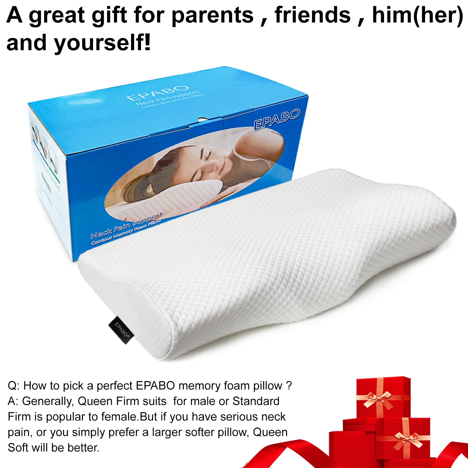 EPABO Contour Memory Foam Pillow Orthopedic Sleeping Pillows, Ergonomic Cervical Pillow for Neck Pain - for Side Sleepers, Back and Stomach Sleepers, Free Pillowcase Included ( Soft & Queen Size)