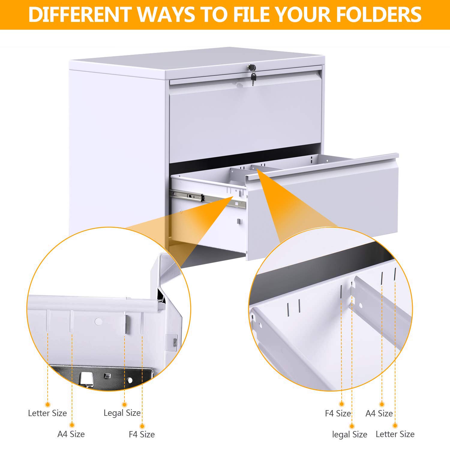ModernLuxe File Cabinet, White Lockable Heavy Duty Metal Lateral File Cabinet with 2 Drawers