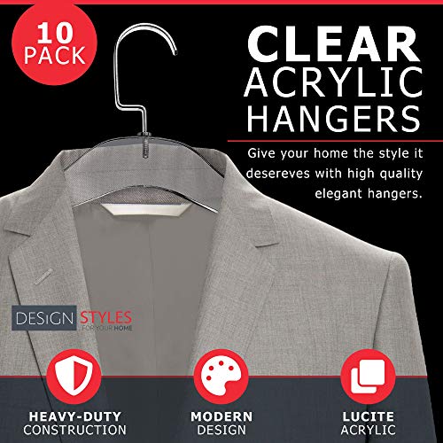 Clear Acrylic Clothes Hangers - 10 Pack Stylish and Heavy Duty Closet Organizer with Silver Chrome Plated Steel Hooks - Non-Slip Notches for Suit Jacket, Sweater, Blouse, and Dress - by Designstyles
