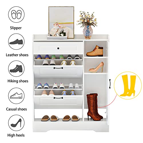 DiDuGo Shoe Cabinet with 2 Flip Drawers & Locker, Shoe Storage Cabinet with Drawer & Bottom Shelf, for Entryway Hallway White (35" W x 8.7" D x 47.2" H)