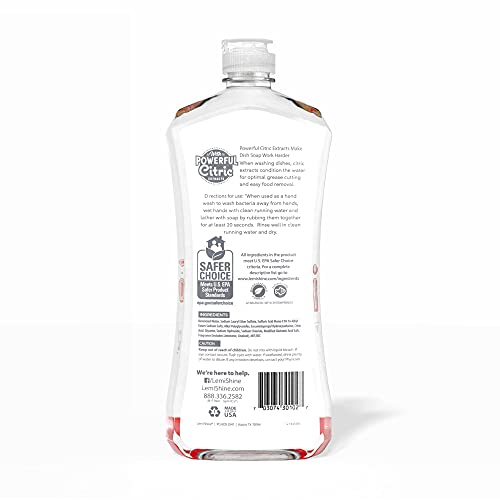 Lemi Shine Natural Concentrated Liquid Dish Soap - Hard Water Stain Remover - Wash Away Bacteria, Fresh Lemon Scent, 22 Fluid Ounces (Pack of 3)