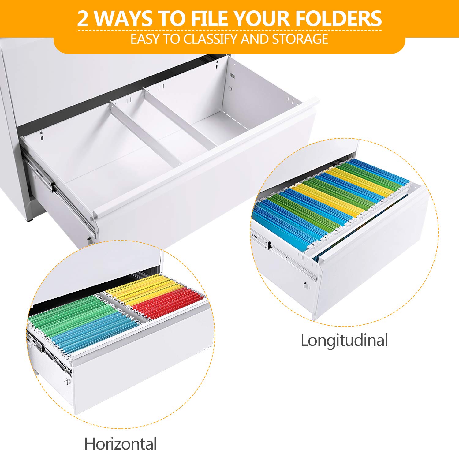 ModernLuxe File Cabinet, White Lockable Heavy Duty Metal Lateral File Cabinet with 2 Drawers