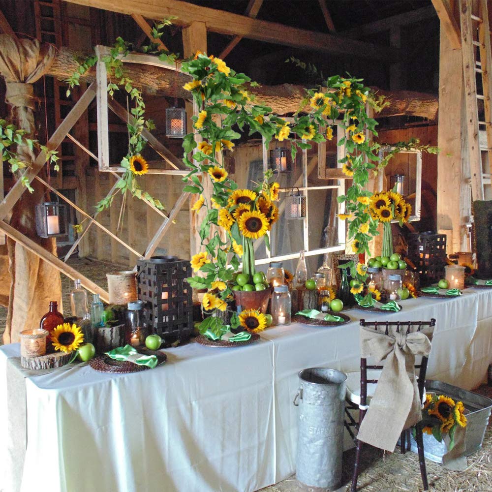 HO2NLE 4Pcs Artificial Sunflowers Hanging Vine 8.2ft Silk Fake Flowers Garlands Spring Summer for Office Room Kitchen Garden Birthday Wedding Baby Shower Party Table Decor
