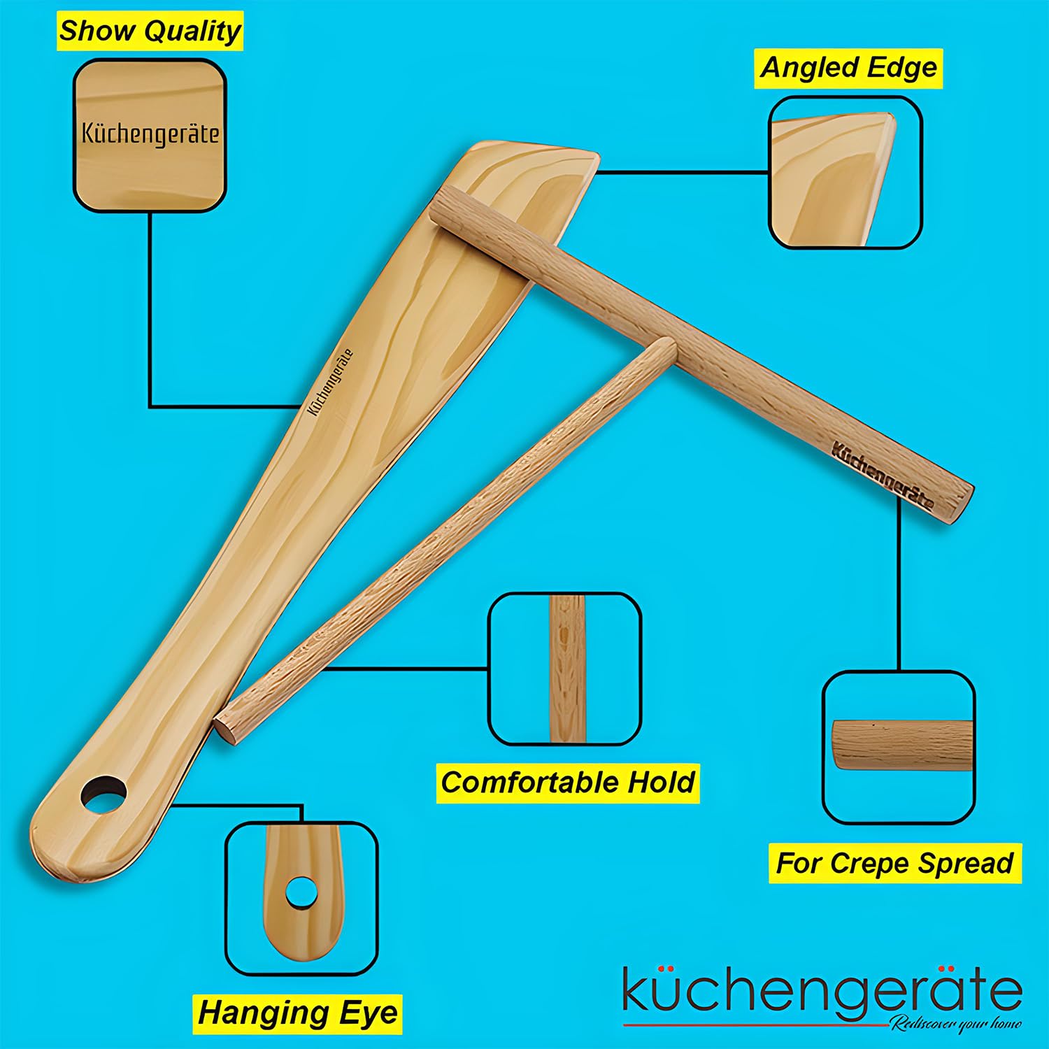Kuchengerate Set of 2 7" inc Crepe Spreader Stick & 12" inc Spatula Turner - T Shaped Structure - Handmade Natural Beech Wood - No Paint No Polish - Kitchen Decoratives - Best Gift Set Idea