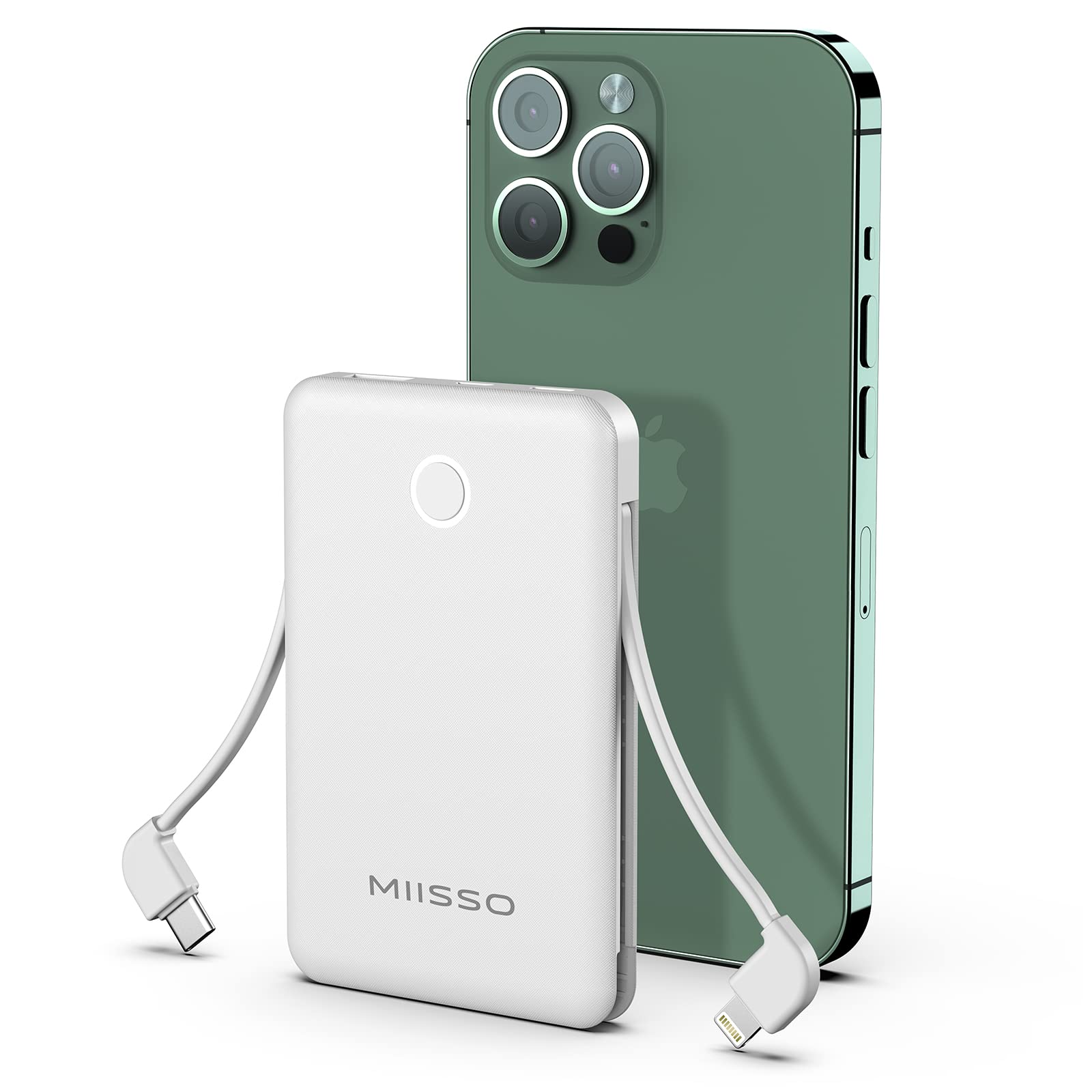 miisso 6000mah Card Size Built in Cables Power Bank, Built in USB C Cords Battery Pack Travel Charger Portable Charger for Phones, 4 Output Ultra Slim Battery Pack Compatible with iPhone, White