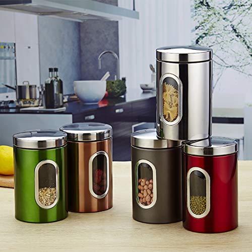 JENNIMER 3PC Kitchen Canister Set for Sugar Food Tea Coffee Candy Storage Jars Stainless Steel with Transparent Windows (Red)