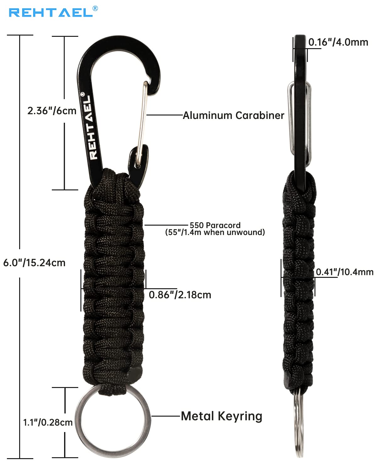 REHTAEL Paracord Keychain with Carabiner- Military Braided Paracord Carabiner Keychain Clip with Strap for Keys/Men/Women- 4-pack (4Pack; 2black+1blue+1orange)