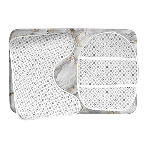Wondertify White Marble Bathroom Antiskid Pad Fashion Marbling Granite Stone 3 Pieces Bathroom Rugs Set, Bath Mat+Contour+Toilet Lid Cover Gold Black Gray