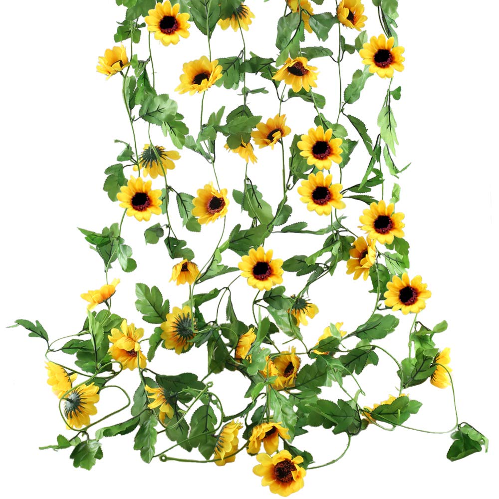 HO2NLE 4Pcs Artificial Sunflowers Hanging Vine 8.2ft Silk Fake Flowers Garlands Spring Summer for Office Room Kitchen Garden Birthday Wedding Baby Shower Party Table Decor