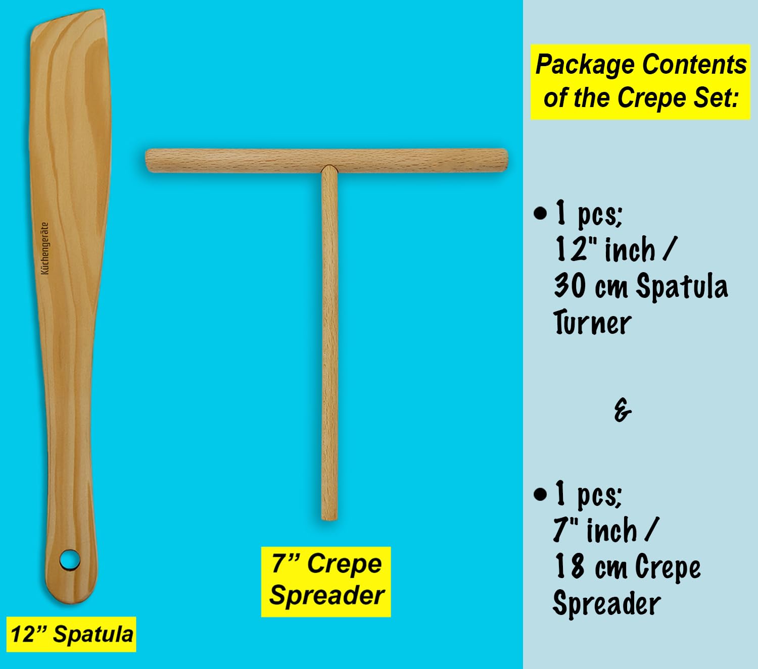 Kuchengerate Set of 2 7" inc Crepe Spreader Stick & 12" inc Spatula Turner - T Shaped Structure - Handmade Natural Beech Wood - No Paint No Polish - Kitchen Decoratives - Best Gift Set Idea