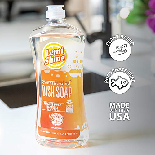 Lemi Shine Natural Concentrated Liquid Dish Soap - Hard Water Stain Remover - Wash Away Bacteria, Fresh Lemon Scent, 22 Fluid Ounces (Pack of 3)