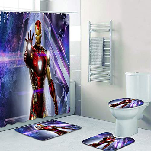 CPLAYSTORE Bathroom Set Cartoon Shower Curtain Set with Rugs, 4 Pcs Marvel Hero Waterpoof Fabric Shower Curtains with Hooks for Kids Bathroom Decor, 72''x72'' (Ironman-220305-03)