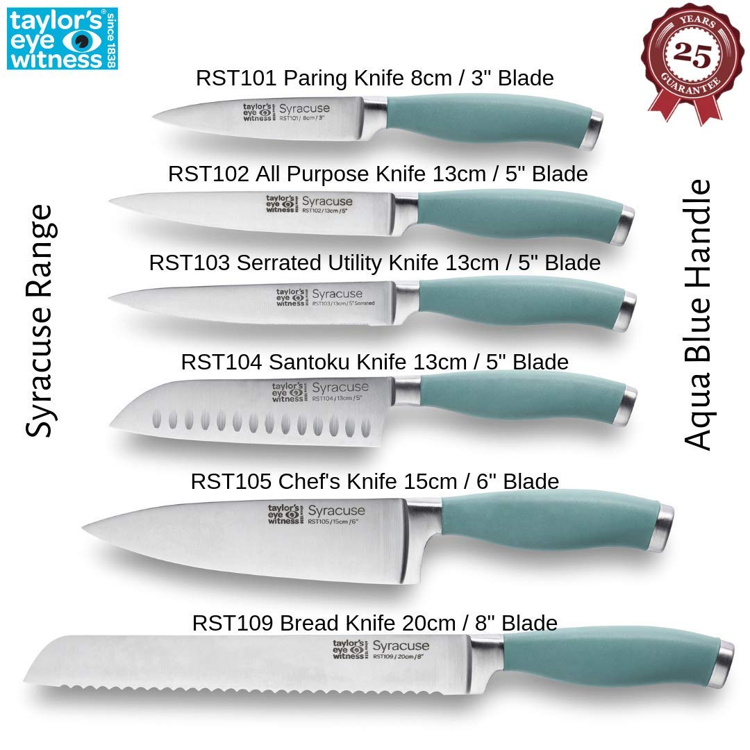Taylors Eye Witness Syracuse Kitchen Knife 3pce Set - Paring 8cm/3.5β, Chefs 15cm/6β & Cooks All Purpose 13cm/5β Cutting Edge. Ultra Fine, Razor Sharp Blade. Soft Textured Grip Aqua Blue Handle