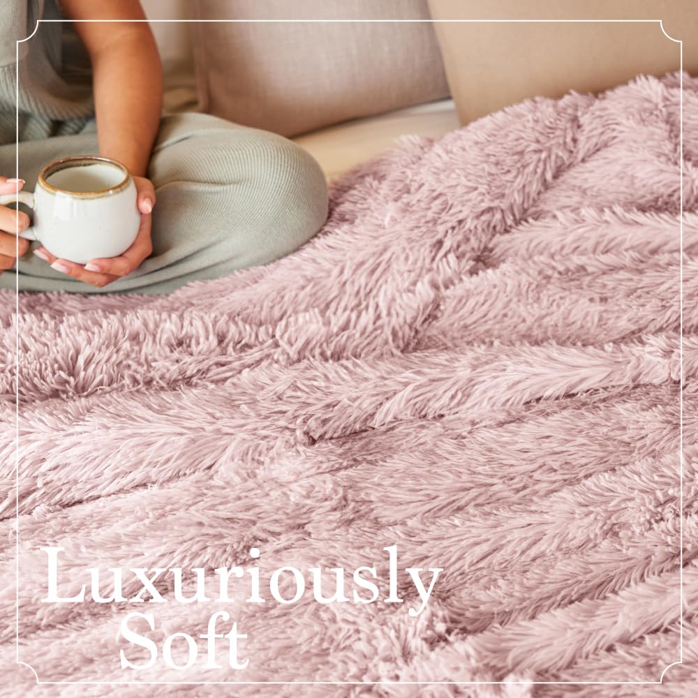 The Connecticut Home Co Bedding Blanket, Queen 90x90, Soft Plush Shag and Sherpa, Warm Throws for Bed, Gift for Women, Bedroom Luxury Home Decor Accent Blankets for Couch Sofa Chair, Dusty Rose