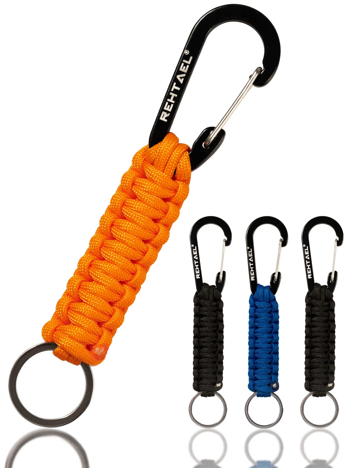 REHTAEL Paracord Keychain with Carabiner- Military Braided Paracord Carabiner Keychain Clip with Strap for Keys/Men/Women- 4-pack (4Pack; 2black+1blue+1orange)