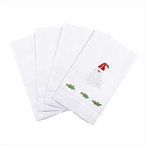 Saro Lifestyle Embroidered Santa Claus Christmas Hemstitched Linen Cotton Guest Towel (Set of 4), White, 14"x22"