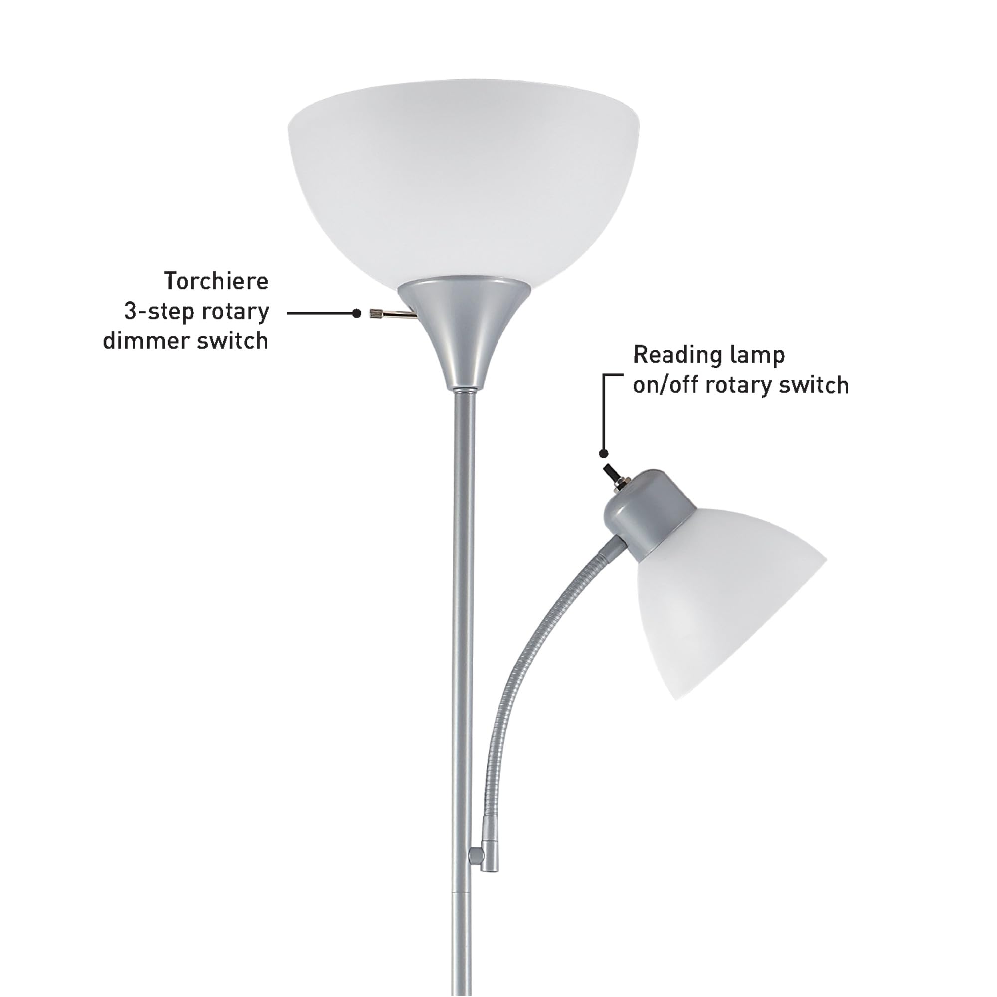 Globe Electric 67134 72" Torchiere Floor Lamp + Adjustable Reading Light, Silver, Frosted Plastic Shade, 3-Step Rotary Switch on Socket, Living Room Décor, Reading Light, Home Essentials, Bedroom