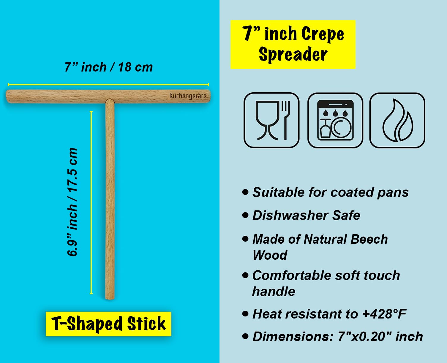 Kuchengerate Set of 2 7" inc Crepe Spreader Stick & 12" inc Spatula Turner - T Shaped Structure - Handmade Natural Beech Wood - No Paint No Polish - Kitchen Decoratives - Best Gift Set Idea