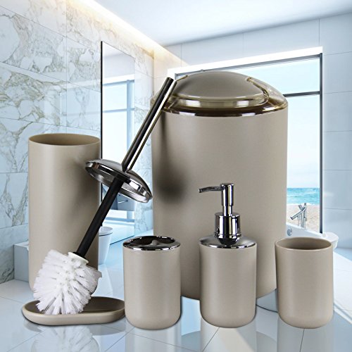 IMAVO Bathroom Accessories Set, 6-Piece Plastic Gift Set, Toothbrush Holder, Toothbrush Cup, soap Dispenser, soap Dish, Toilet Brush Holder, Trash can(Apricot)