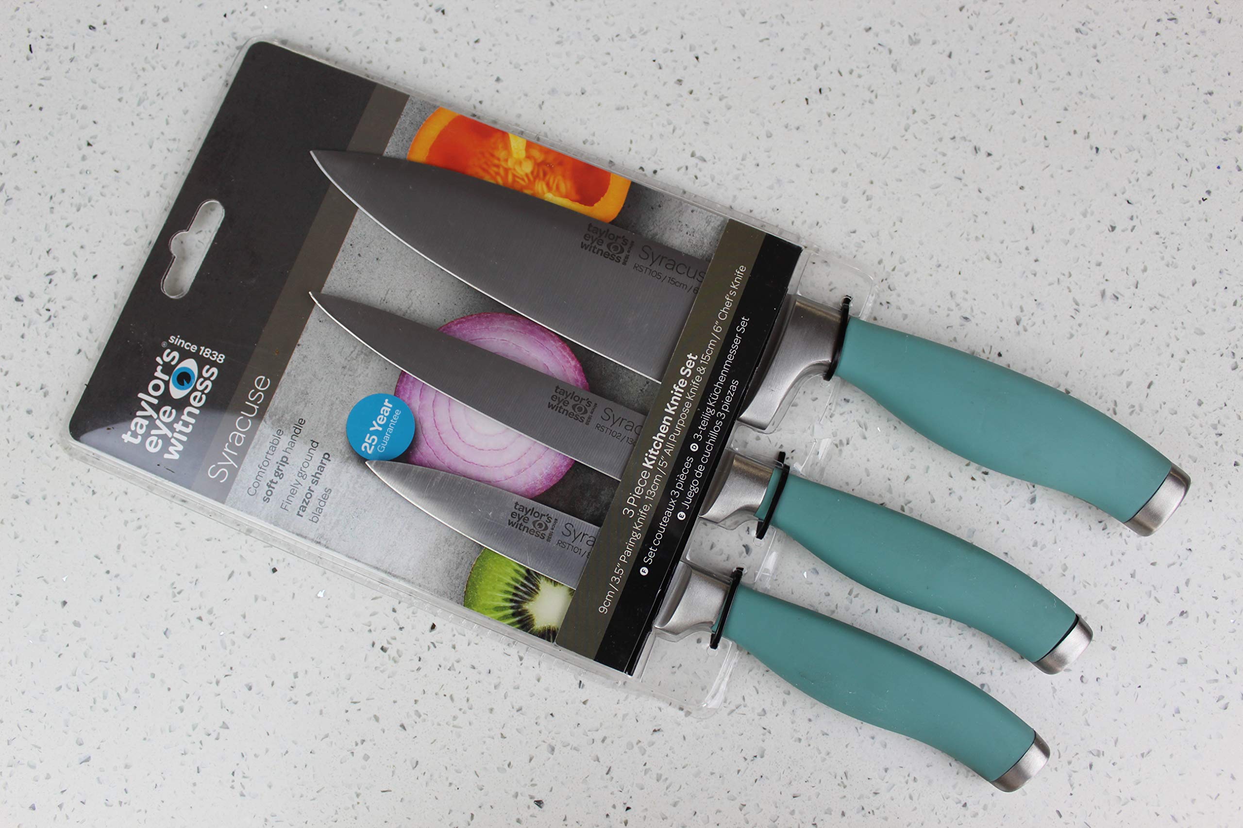 Taylors Eye Witness Syracuse Kitchen Knife 3pce Set - Paring 8cm/3.5β, Chefs 15cm/6β & Cooks All Purpose 13cm/5β Cutting Edge. Ultra Fine, Razor Sharp Blade. Soft Textured Grip Aqua Blue Handle