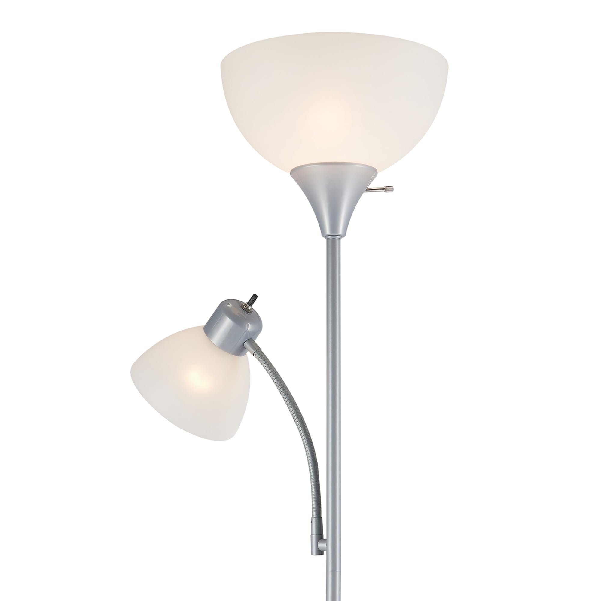 Globe Electric 67134 72" Torchiere Floor Lamp + Adjustable Reading Light, Silver, Frosted Plastic Shade, 3-Step Rotary Switch on Socket, Living Room Décor, Reading Light, Home Essentials, Bedroom