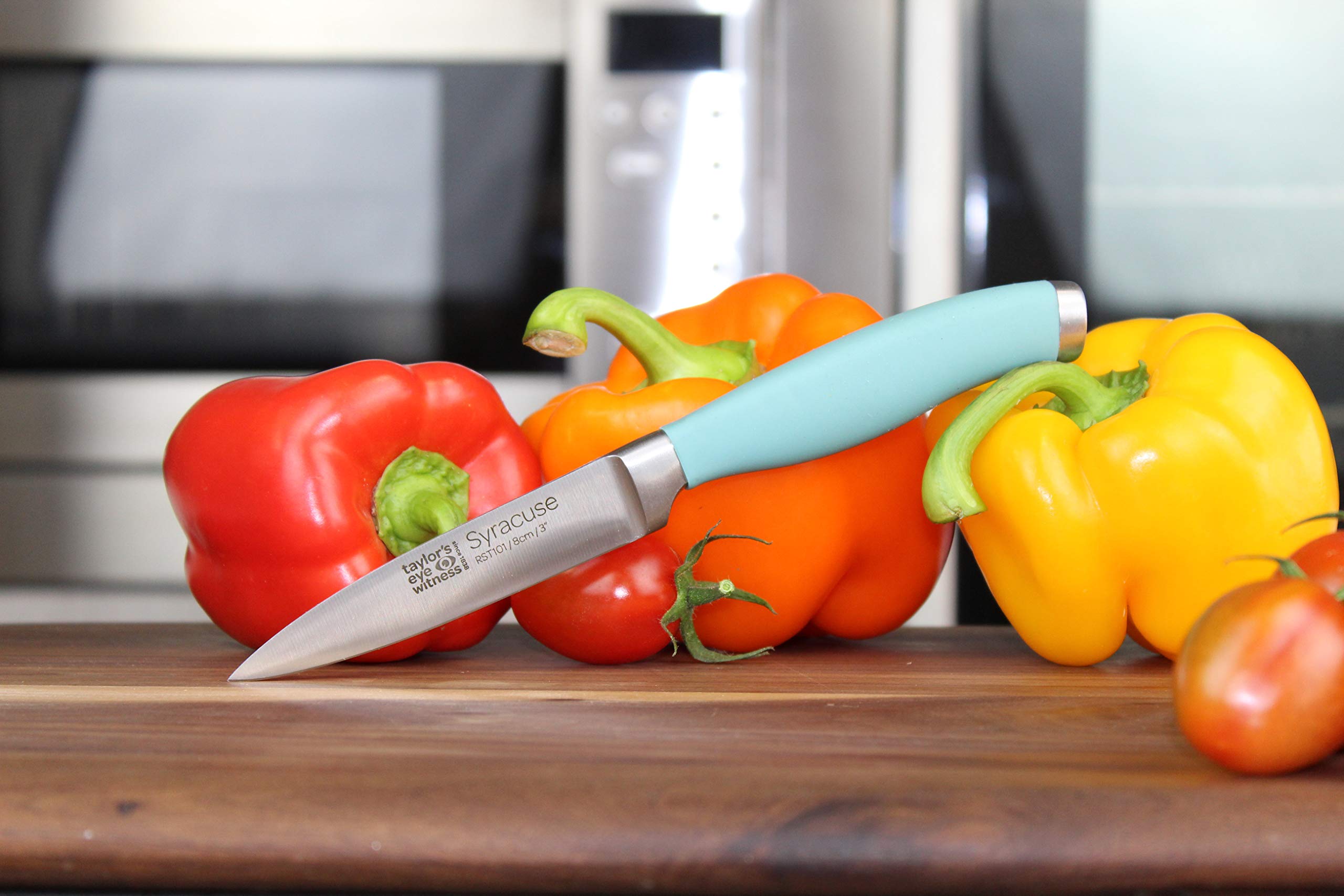 Taylors Eye Witness Syracuse Kitchen Knife 3pce Set - Paring 8cm/3.5β, Chefs 15cm/6β & Cooks All Purpose 13cm/5β Cutting Edge. Ultra Fine, Razor Sharp Blade. Soft Textured Grip Aqua Blue Handle