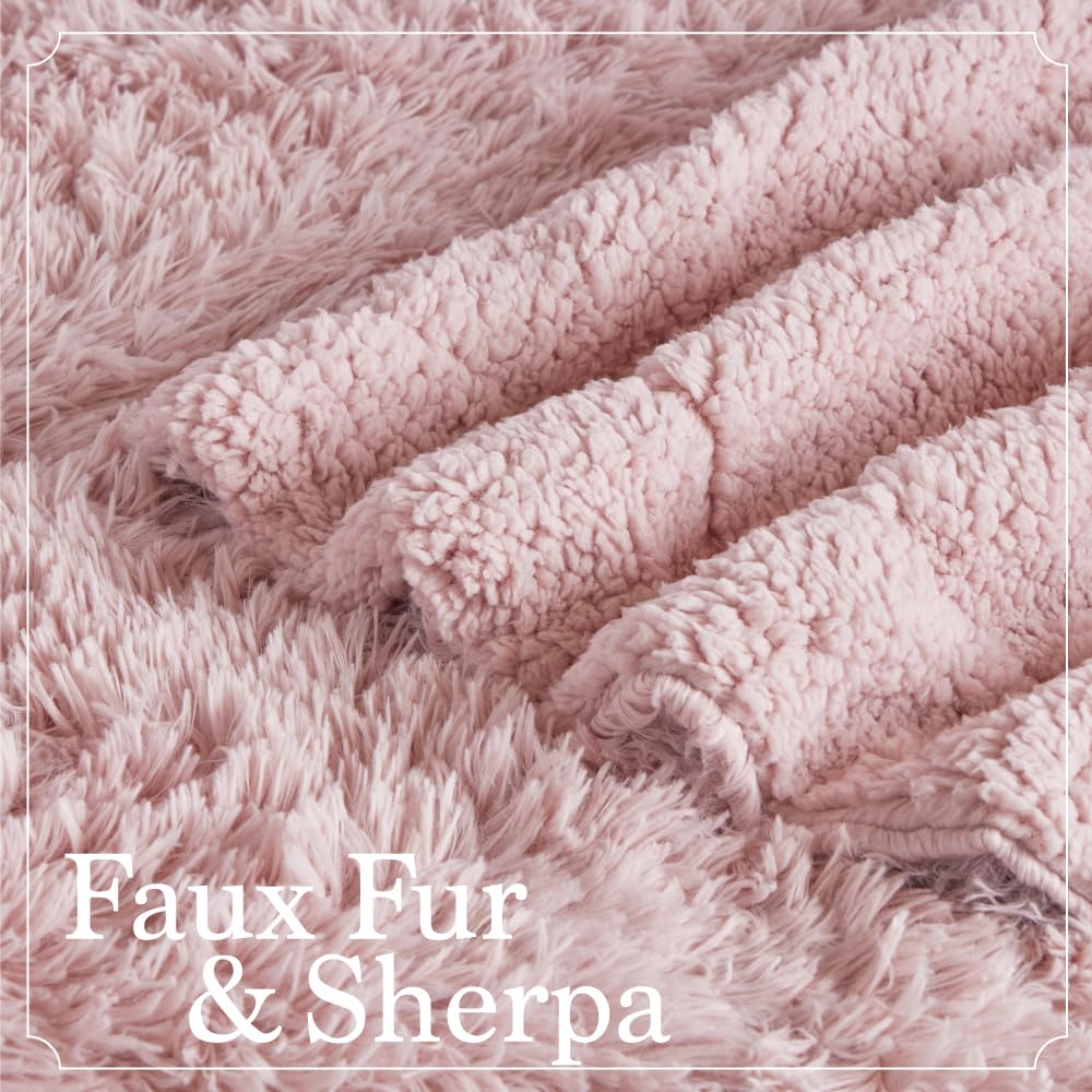 The Connecticut Home Co Bedding Blanket, Queen 90x90, Soft Plush Shag and Sherpa, Warm Throws for Bed, Gift for Women, Bedroom Luxury Home Decor Accent Blankets for Couch Sofa Chair, Dusty Rose