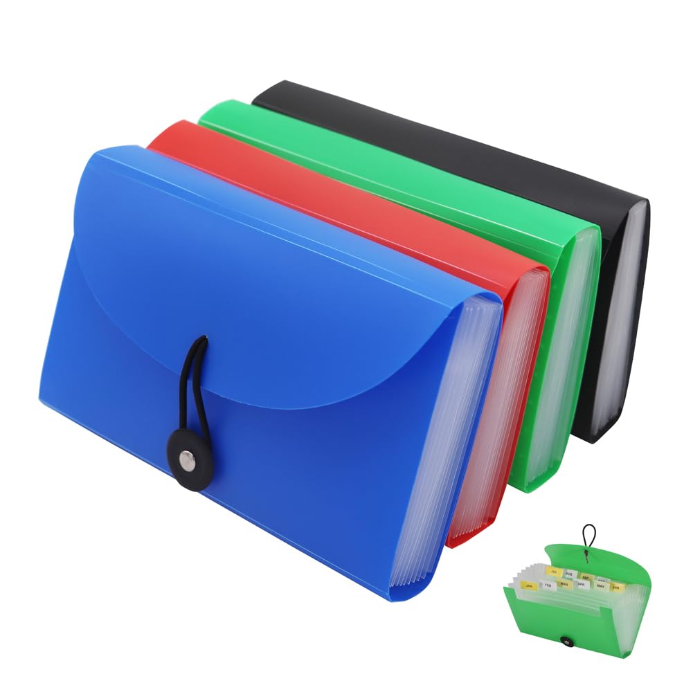 SEEKIND Expanding File Folders 4 Pack, 7.1"4.2" Receipt Organizer Folder Accordion Folder Document with 13 Pocket for Office,Cards,Tickets-Water Resistant