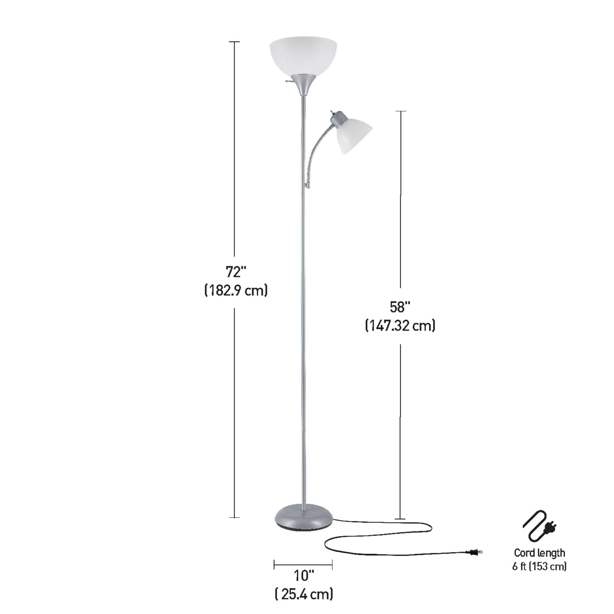 Globe Electric 67134 72" Torchiere Floor Lamp + Adjustable Reading Light, Silver, Frosted Plastic Shade, 3-Step Rotary Switch on Socket, Living Room Décor, Reading Light, Home Essentials, Bedroom