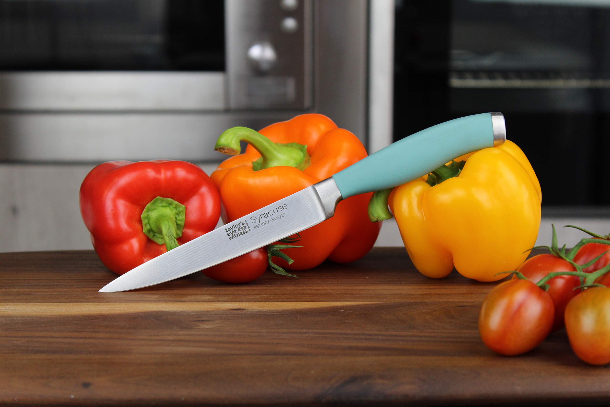 Taylors Eye Witness Syracuse Kitchen Knife 3pce Set - Paring 8cm/3.5β, Chefs 15cm/6β & Cooks All Purpose 13cm/5β Cutting Edge. Ultra Fine, Razor Sharp Blade. Soft Textured Grip Aqua Blue Handle