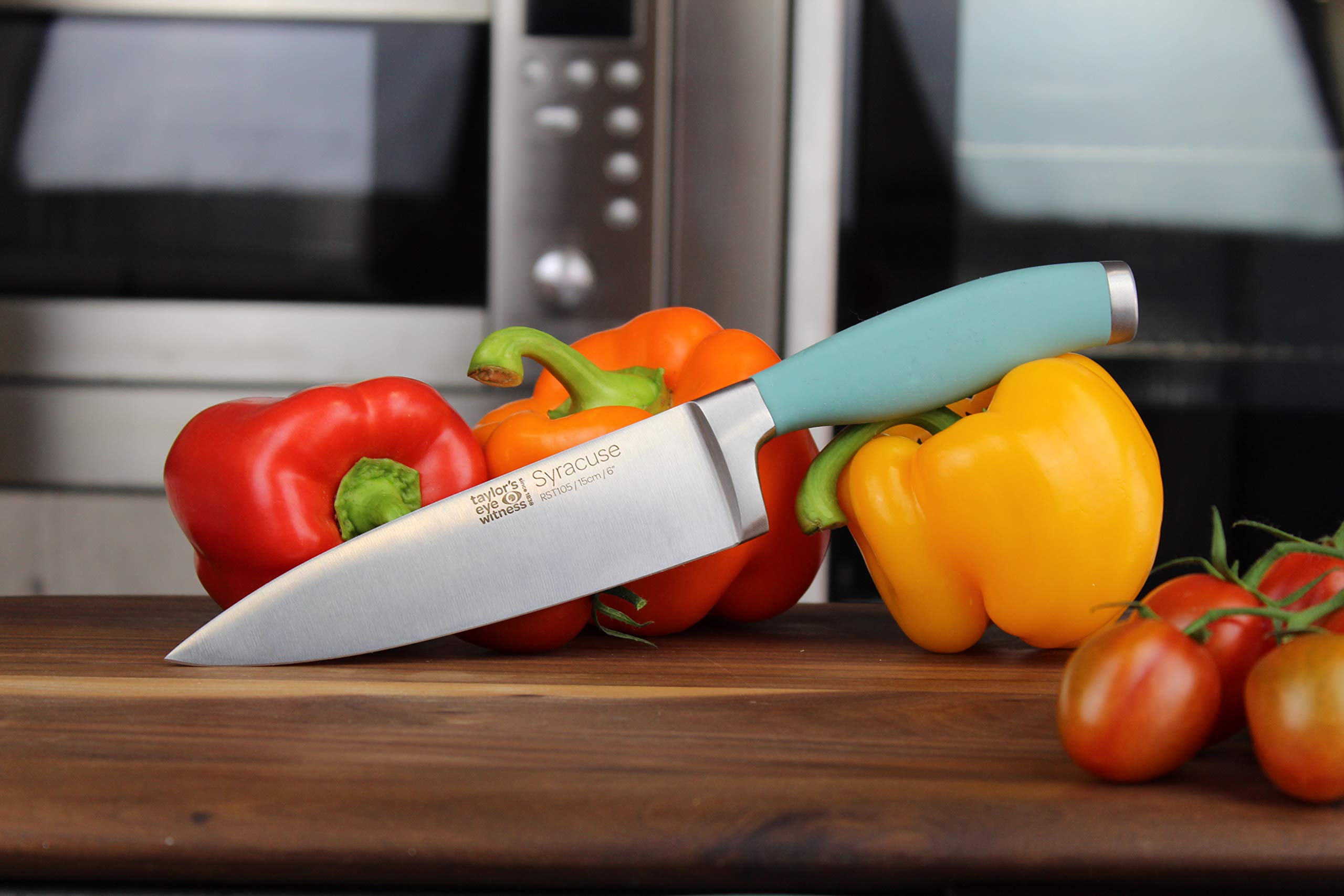 Taylors Eye Witness Syracuse Kitchen Knife 3pce Set - Paring 8cm/3.5β, Chefs 15cm/6β & Cooks All Purpose 13cm/5β Cutting Edge. Ultra Fine, Razor Sharp Blade. Soft Textured Grip Aqua Blue Handle
