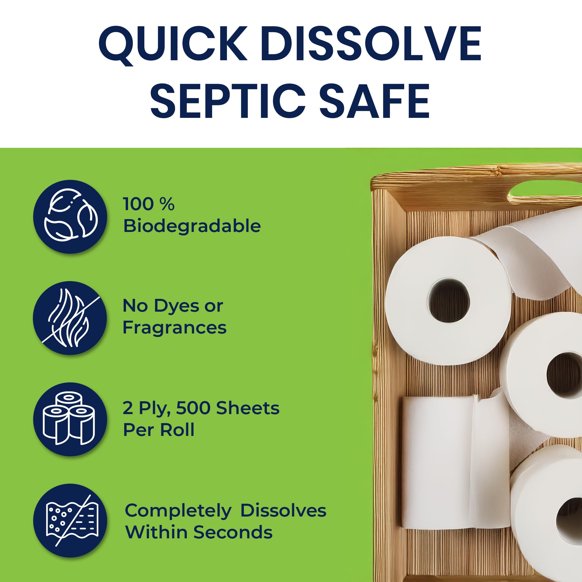Freedom Living RV Toilet Paper (2-Ply, 8 Rolls, 500 sheets each) - Biodegradable Septic Tank Safe Rapid Dissolve Toilet Tissue for Camping, Marine, RV Holding