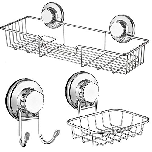 ARCCI Suction Cup Shower Caddy 3 Pack, Stainless Steel Bathroom Storage Shower Organizer Shelves, Suction Bar Soap Dish Holder & Bath Hook, Shower Shelf Basket for Inside Shower, Bathroom Organization
