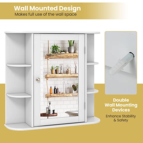 Tangkula Bathroom Medicine Cabinet with Mirror, Wall Mounted Bathroom Storage Cabinet with Mirror Door & 6 Open Shelves, Adjustable Shelves, Mirror Cabinet, Bathroom Wall Cabinet with Mirror (White)