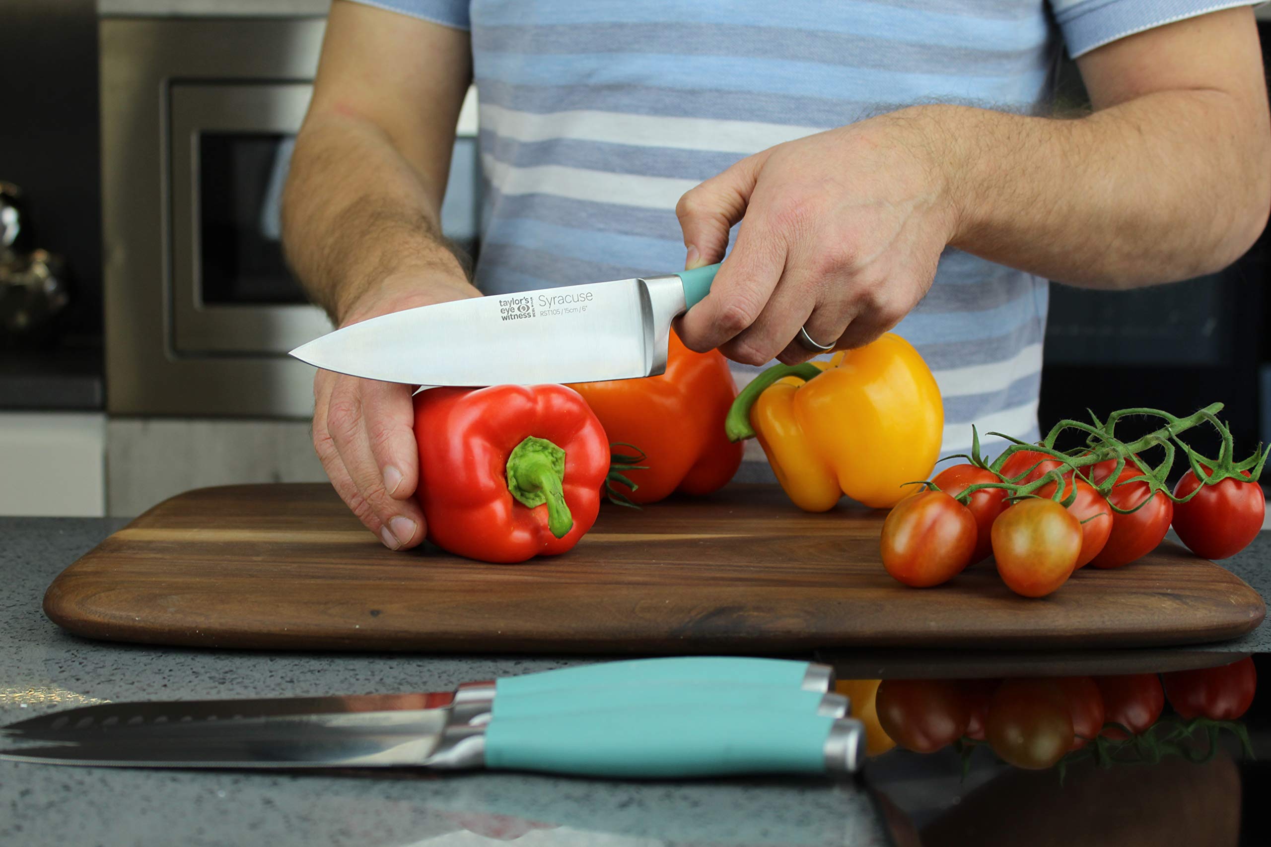 Taylors Eye Witness Syracuse Kitchen Knife 3pce Set - Paring 8cm/3.5β, Chefs 15cm/6β & Cooks All Purpose 13cm/5β Cutting Edge. Ultra Fine, Razor Sharp Blade. Soft Textured Grip Aqua Blue Handle