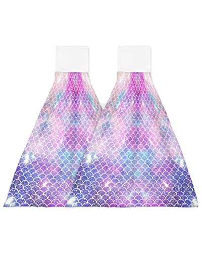 Fangship Hanging Kitchen Towel with Loop 2 Pack Beautiful Dreamy Pink Mermaid Scales Soft Dish Towels Tie Towel Tea Towels Washcloth for Bathroom Home