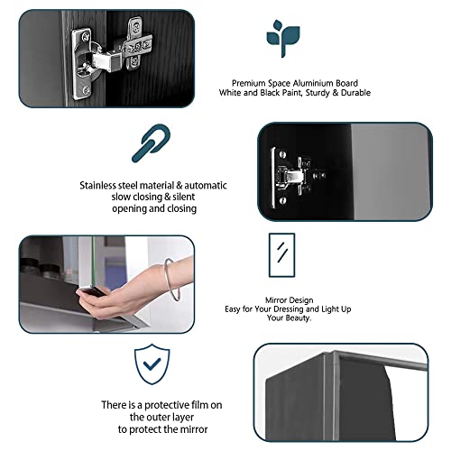 prosfalt 23.6 x19.6 Mirrored Medicine Cabinet, Space Aluminum Wall Mounted Bathroom Storage, Water and Rust Resistant, Recess Mount - Black Black