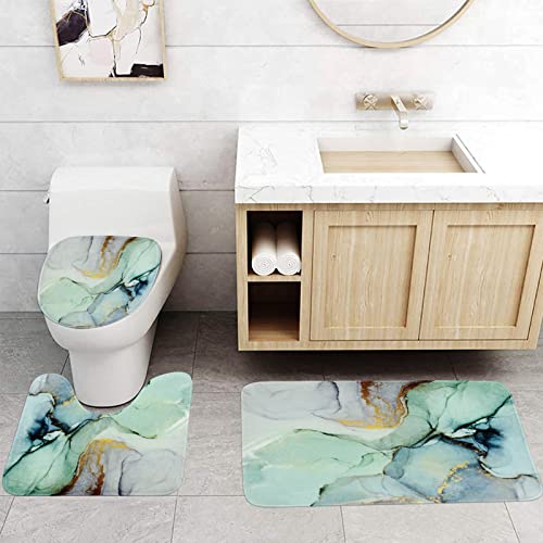 Apprekt 4Pcs Blue Marble Shower Curtain Sets with Rugs, Bathroom Curtains Shower with Non-Slip Rug,Fabric Shower Curtain Modern Bathroom Accessories Decor with Bath Mats(72 x 72 Inch)