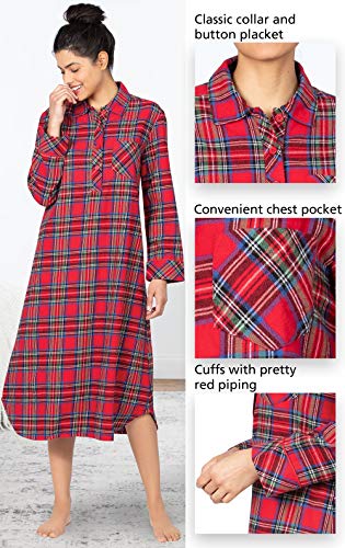 PajamaGram Womens Flannel Nightgown Women - Christmas Nightgown, Red, M / 8-10