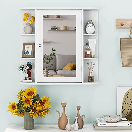 Tangkula Bathroom Medicine Cabinet with Mirror, Wall Mounted Bathroom Storage Cabinet with Mirror Door & 6 Open Shelves, Adjustable Shelves, Mirror Cabinet, Bathroom Wall Cabinet with Mirror (White)
